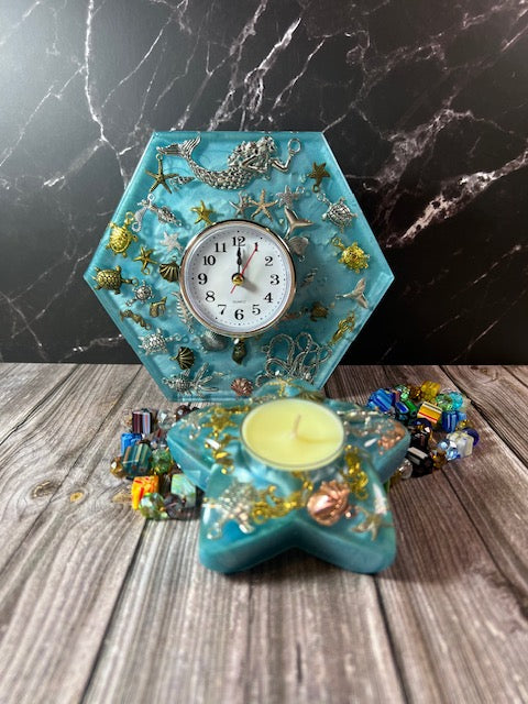 Sea-Themed Resin Hexagon Clock with Beautiful Turquoise Colors and Sta ...